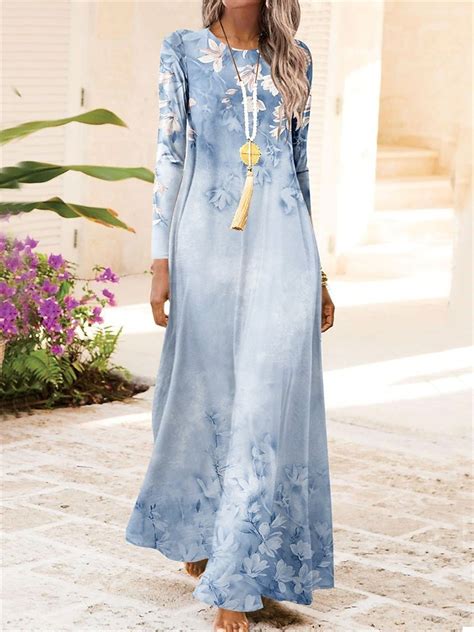 Blue Floral Long Sleeve Maxi Dress Azzlee