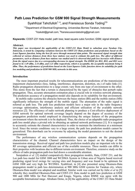 Pdf Path Loss Prediction For Gsm 900 Signal Strength Measurements