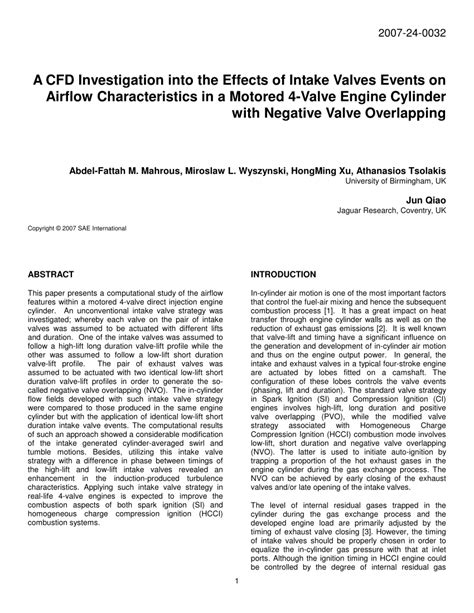 Pdf A Cfd Investigation Into The Effects Of Intake Valves Events On Airflow Characteristics In