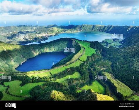 Aerial View Of Famous Lagoa Das Sete Cidades Lake In Azores Sao Miguel Stock Photo Alamy