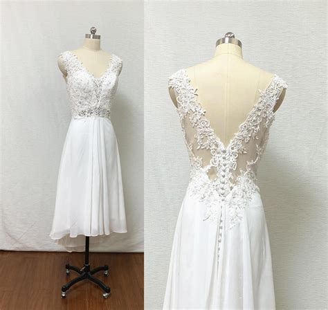 V Neck Ivory Lace Chiffon High Low Wedding Reception Dress Etsy