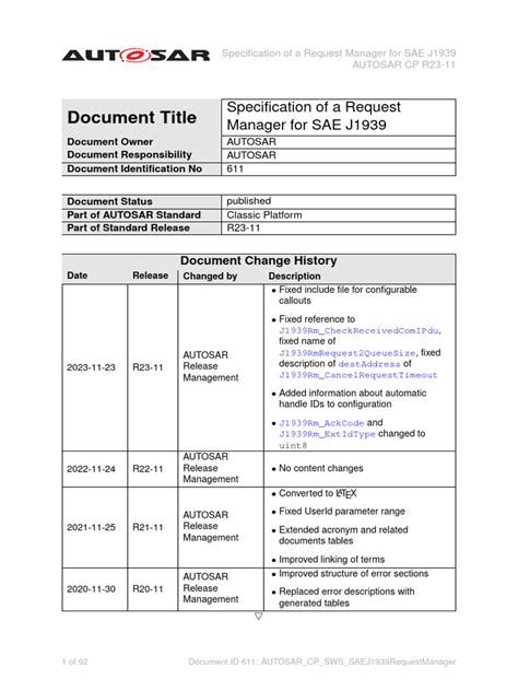 Autosar Cp Sws Saej1939requestmanager Pdf Specification Technical