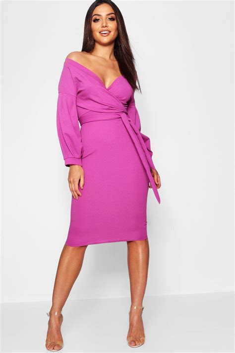 Lyst Boohoo Off The Shoulder Wrap Midi Dress In Purple