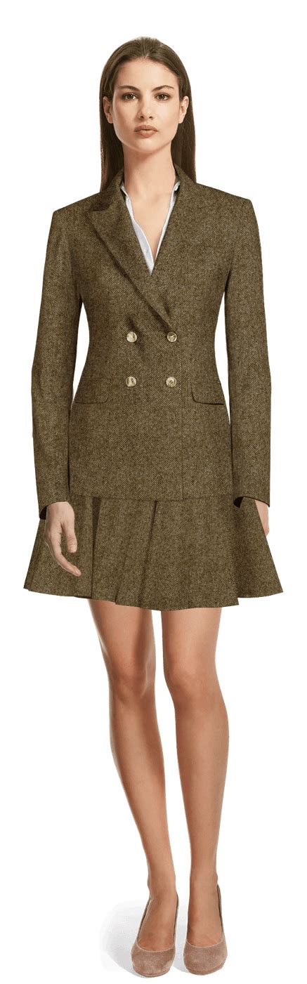 Brown Double Breasted Tweed Short Flared Skirt Suit Sumissura