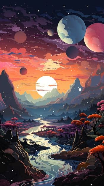 Premium AI Image Create A Rainbowcore Flat Illustration Of Planets
