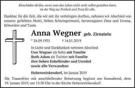Traueranzeigen Von Anna Wegner Märkische Onlinezeitung Trauerportal