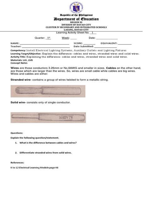 Grade 10 Eim Learning Activity Sheets Pdf Electrical Wiring Wire