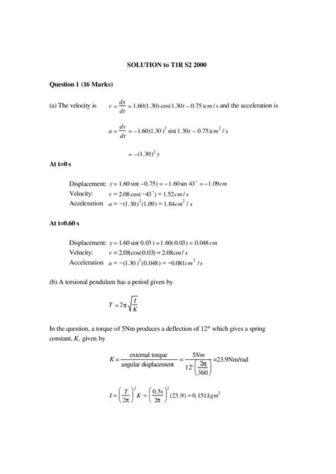 Torsional Pendulum Higher Physics Solved Past Paper Docsity