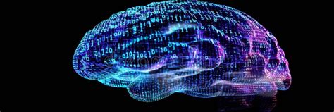a digital brain crafted from luminous grids and binary code represents