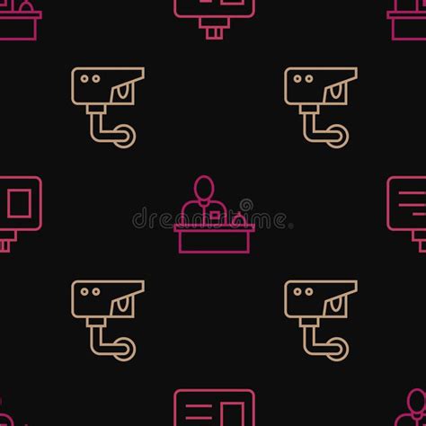 Set Line Identification Badge Security Camera And Hotel Reception Desk On Seamless Pattern