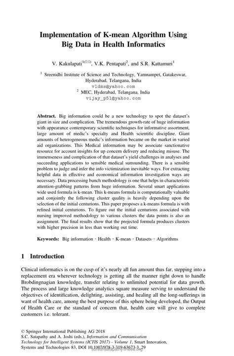 Pdf Implementation Of K Mean Algorithm Using Big Data In Health