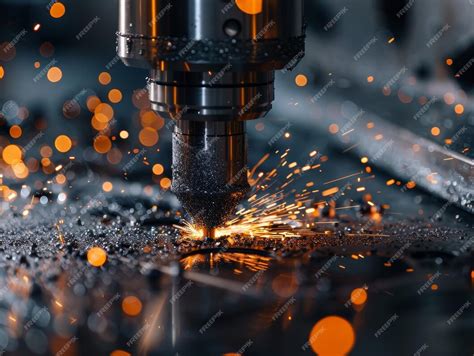 cnc milling machine crafting intricate metal form sparks flying in