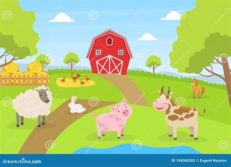 Beautiful Summer Rural Landscape With Green Field Red Barn Farm