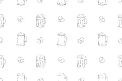 맥주 유리잔 벡터 선 그림 낙서 식품 음료 알코올 바 펍 완벽한 패턴 베르첼 소금에 절인 스낵 섬유 디자인 포장지 맥주 축제