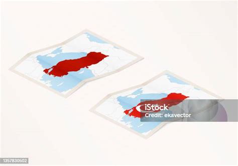 터키의 국기와 빨간색 강조와 터키의 접힌지도의 두 가지 버전 0명에 대한 스톡 벡터 아트 및 기타 이미지 0명 기 도회지