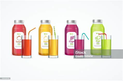 사실적인 상세한 3d 컬러 주스 병 및 유리 세트 벡터 0명에 대한 스톡 벡터 아트 및 기타 이미지 0명 3차원 형태