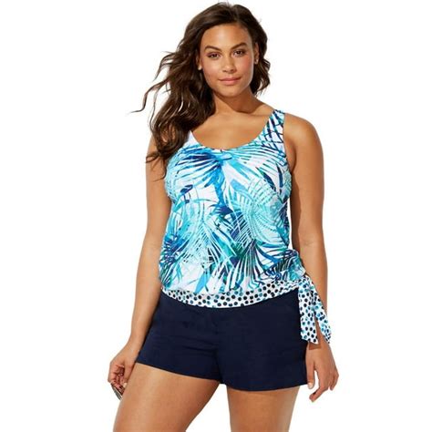 Swimsuits For All Womens Plus Size Side Tie Blouson Tankini Set With