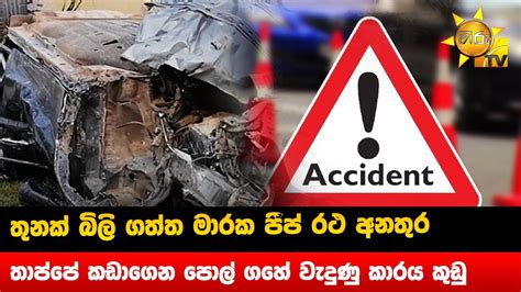 තුනක් බිලි ගත්ත මාරක ජීප් රථ අනතුර තාප්පේ කඩාගෙන පොල් ගහේ වැදුණු කාරය
