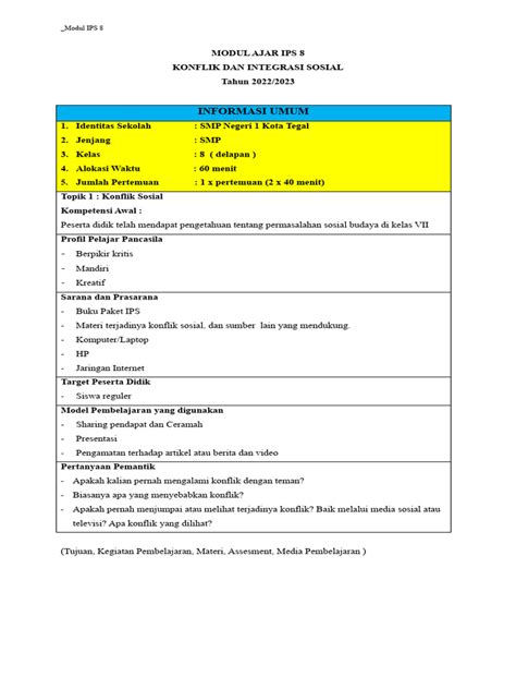 Modul Ajar Ips Kelas 8 Topik 3 Sub D Konflik Dan Integrasi Sosial Pdf