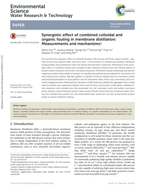 Pdf Synergistic Effect Of Combined Colloidal And Organic Fouling In