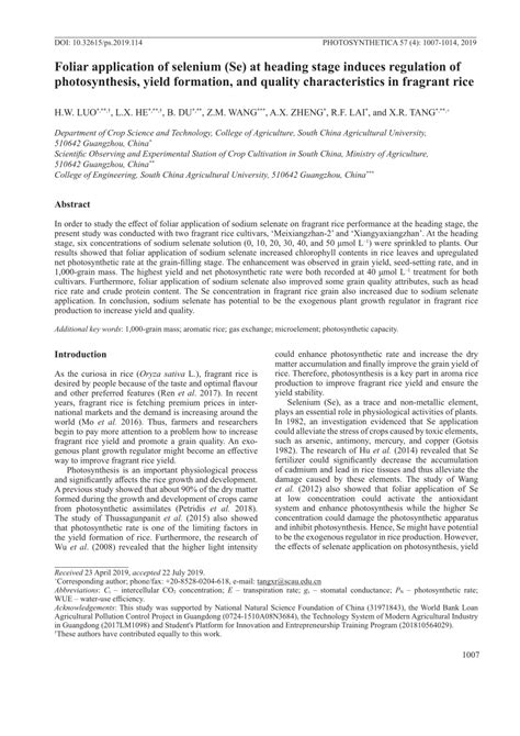 Pdf Foliar Application Of Selenium Se At Heading Stage Induces