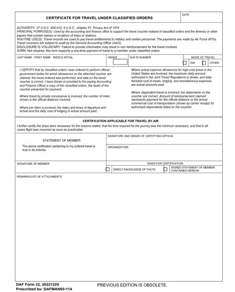 DAF Form Certificate For Travel Under Classified Orders Origin Form Studio