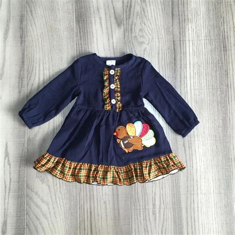 Осенне зимняя детская одежда для маленьких девочек на День Благодарения темно синее клетчатое