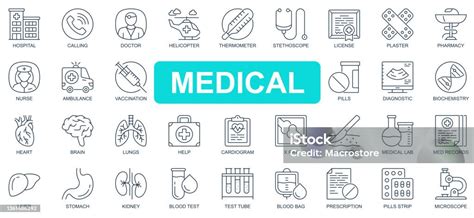 의료 개념 간단한 라인 아이콘 세트 병원 의사 청진기 약국 간호사 구급차 예방 접종 및 기타의 개요 그림 웹 사이트 및 모바일