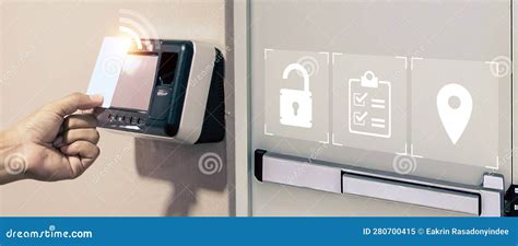 proximity card reader door unlock hand security man using id card on
