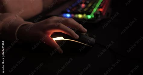 Rgb Mouse Close Up Hand Of Gamer Girl Moving Mouse While Playing Pc