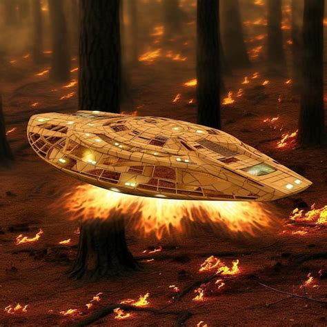 Premium Photo A Spaceship Flying Through A Forest Filled With Fire