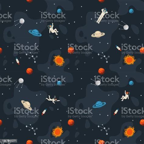 공간 원활한 패턴 배경 우주 비행사 로켓 토성 행성 우주에서 별귀여운 템플릿 손으로 그린 플랫 벡터 일러스트레이션 로켓에 대한 스톡 벡터 아트 및 기타 이미지 Istock