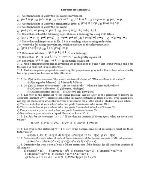 Exercises For Seminar And Homework 2 Pdf Proposition Teaching