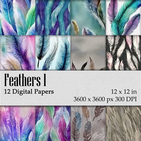 Feathers Digital Papers Pack Of 12 Designs 12x12 In Scrapbooking