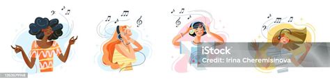 사람들은 헤드폰으로 음악을 듣고 세트 벡터 일러스트레이션을 즐길 수 있습니다 만화 행복한 젊은 여성 캐릭터는 스마트 폰을 통해
