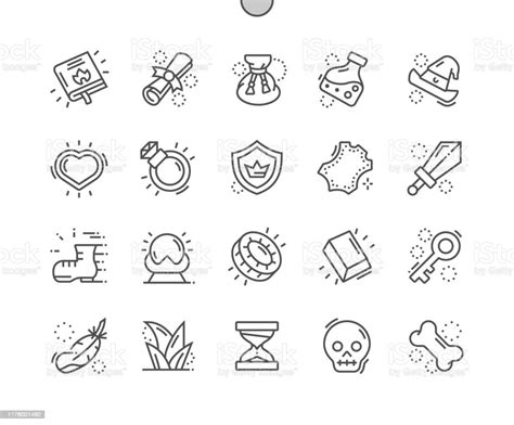 판타지 게임 잘 만들어진 픽셀 완벽한 벡터 얇은 라인 아이콘 30 웹 그래픽 및 응용 프로그램을위한 그리드 2x 간단한 최소한의