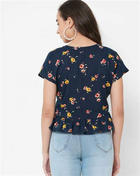 Papa Brands Women Navy Floral 100 Cotton Top Jiomart