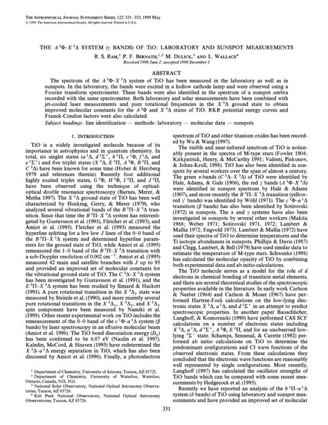 Pdf The A 3Φ X 3Δ System γ Bands Of Tio Laboratory And Sunspot