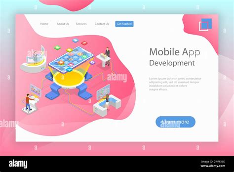 Flat Isometric Vector Landing Page Template Of Mobile App Development