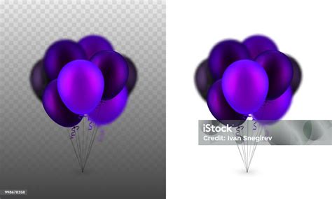 스톡 벡터 일러스트 레이 션 현실적인 풍선 비행 세트 풍선 다채로운 두르고 빛 그리고 어두운 보라색 절연 투명 체크 무늬 배경 파티 풍선의 낱 단입니다 엽서 디자인