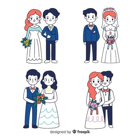손으로 그린 웨딩 커플 컬렉션 무료 벡터