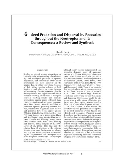 Seed Predation And Dispersal By Peccarie Pdf
