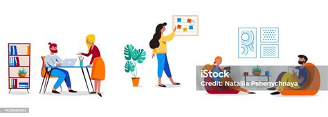 많은 사람들이 친절한 열린 공간 작업장에서 일합니다 코워킹 프리랜서 팀워크 커뮤니케이션 상호 작용 아이디어 독립적 인 활동 개념 흰색 배경에 벡터 일러스트 레이 션