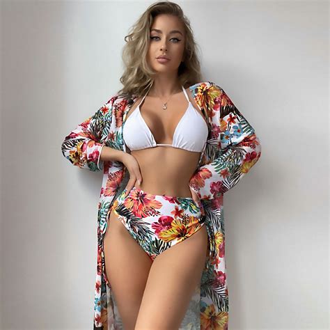 Floral Contrast High Waist Slide Triangle Brazilian Three Piece Bikini