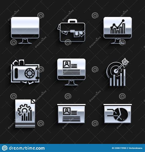 Set Computer Monitor With Resume Board Graph Chart Target Document Safe And Money And