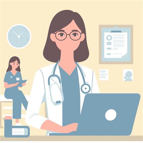 Premium Vector A Woman In A Lab Coat Is Sitting At A Desk With A
