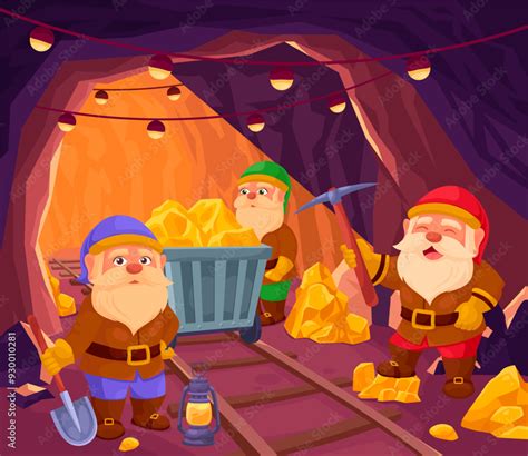 Dwarfs Mine Dwarf Miners Mining Gold Railway Underground Tunnel
