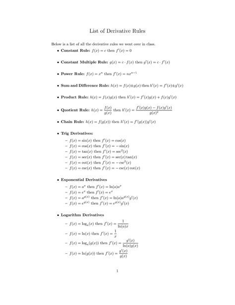 Adv Math Derivative Rules List Of Derivative Rules Below Is A List Of All The Derivative Rules