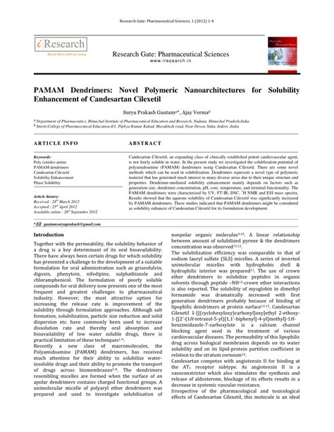 Pdf Pamam Dendrimers Novel Polymeric Nanoarchitectures For Solubility Enhancement Of
