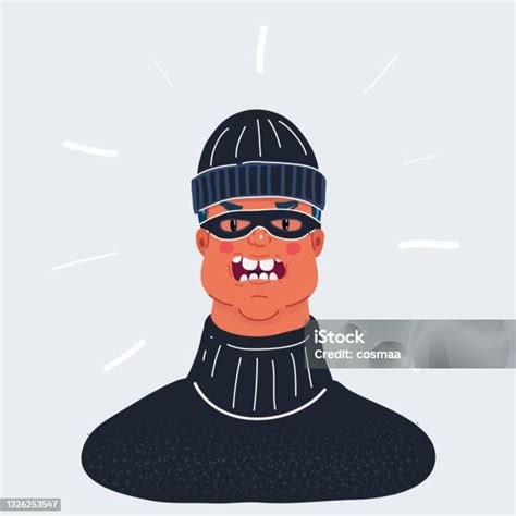 무법자 남자의 벡터 그림 흰색에 고립 된 발라 클라바와 마스크를 입고 범죄 남성 캐릭터의 화가 얼굴 표현 소매치기 도둑질 범죄에